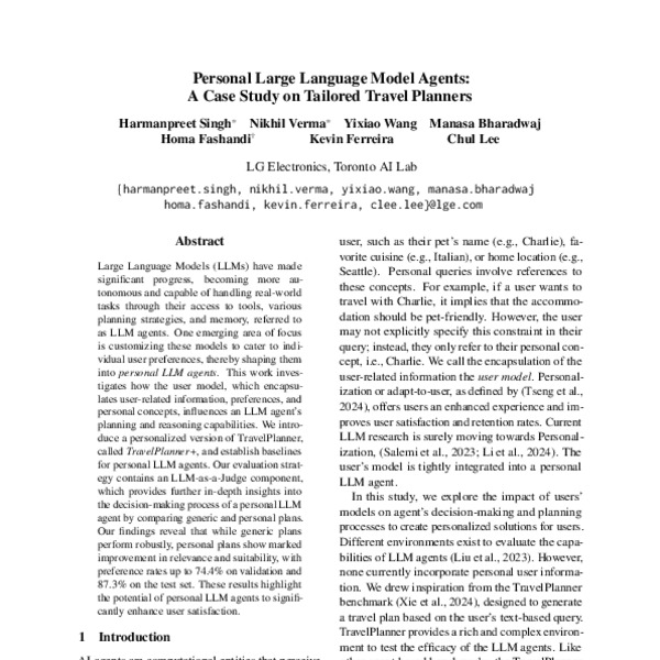Personal Large Language Model Agents: A Case Study on Tailored Travel ...