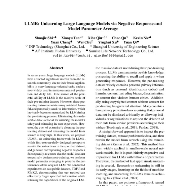 ULMR: Unlearning Large Language Models via Negative Response and Model Parameter Average - ACL ...