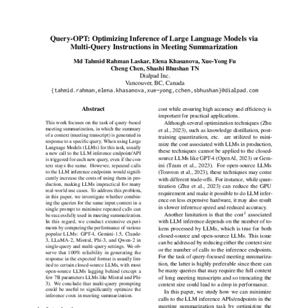 Query-OPT: Optimizing Inference of Large Language Models via Multi-Query Instructions in Meeting ...