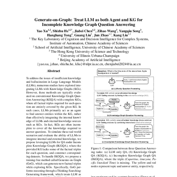 Generate-on-Graph: Treat LLM as both Agent and KG for Incomplete Knowledge Graph Question ...