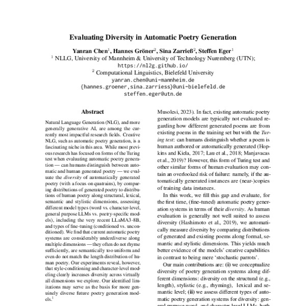Evaluating Diversity in Automatic Poetry Generation - ACL Anthology