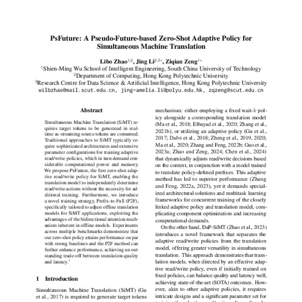 PsFuture: A Pseudo-Future-based Zero-Shot Adaptive Policy for Simultaneous Machine Translation ...