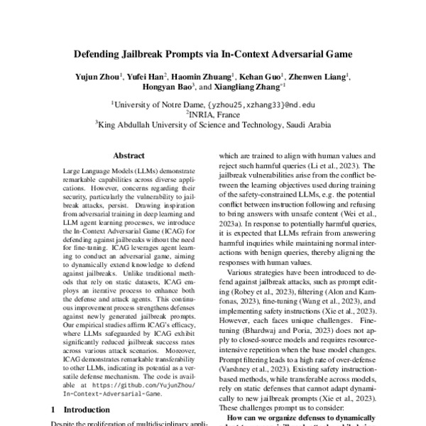 Defending Jailbreak Prompts via In-Context Adversarial Game - ACL Anthology