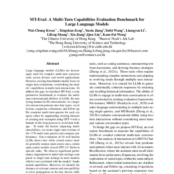 MT-Eval: A Multi-Turn Capabilities Evaluation Benchmark for Large Language Models - ACL Anthology