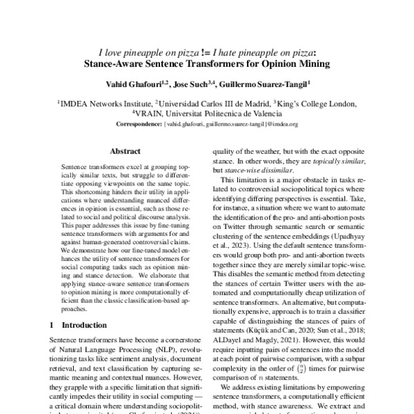 I love pineapple on pizza != I hate pineapple on pizza: Stance-Aware Sentence Transformers for ...