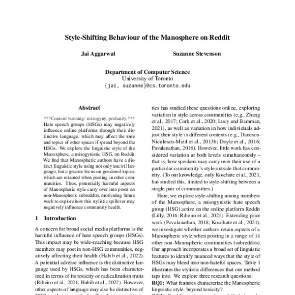 Style-Shifting Behaviour of the Manosphere on Reddit - ACL Anthology