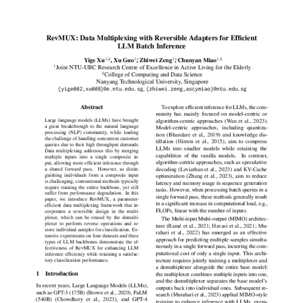 RevMUX: Data Multiplexing with Reversible Adapters for Efficient LLM Batch Inference - ACL Anthology