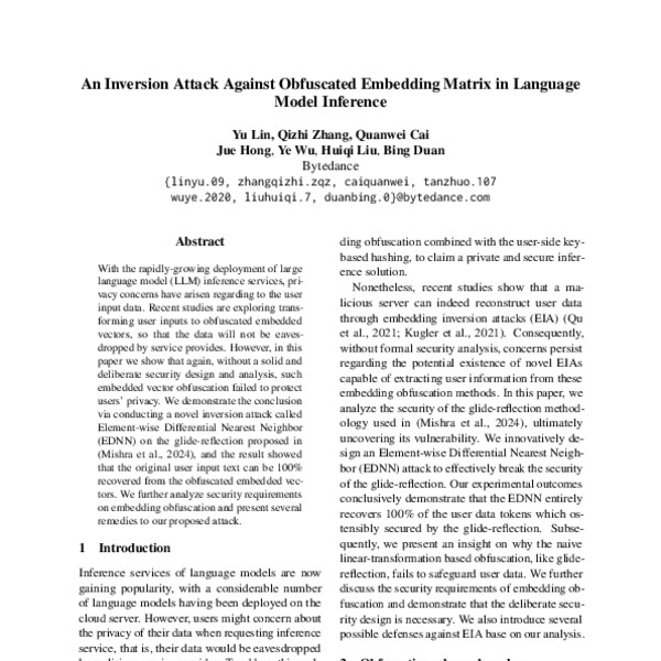 An Inversion Attack Against Obfuscated Embedding Matrix in Language Model Inference - ACL Anthology
