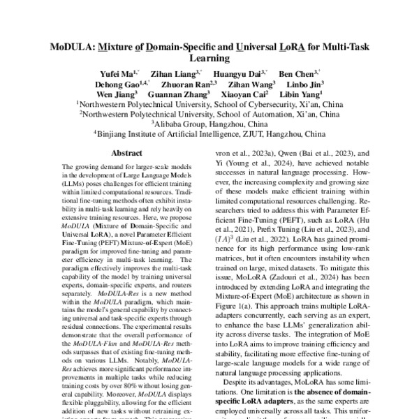 MoDULA: Mixture of Domain-Specific and Universal LoRA for Multi-Task Learning - ACL Anthology