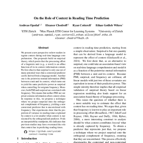 On the Role of Context in Reading Time Prediction - ACL Anthology