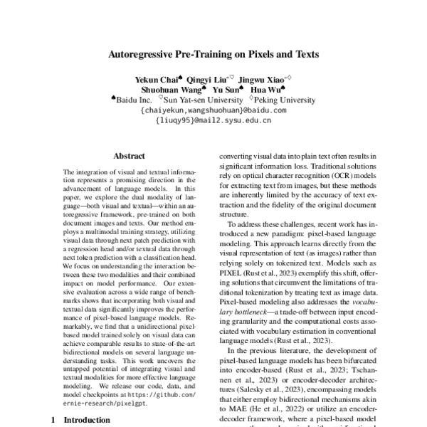 Autoregressive Pre-Training on Pixels and Texts - ACL Anthology