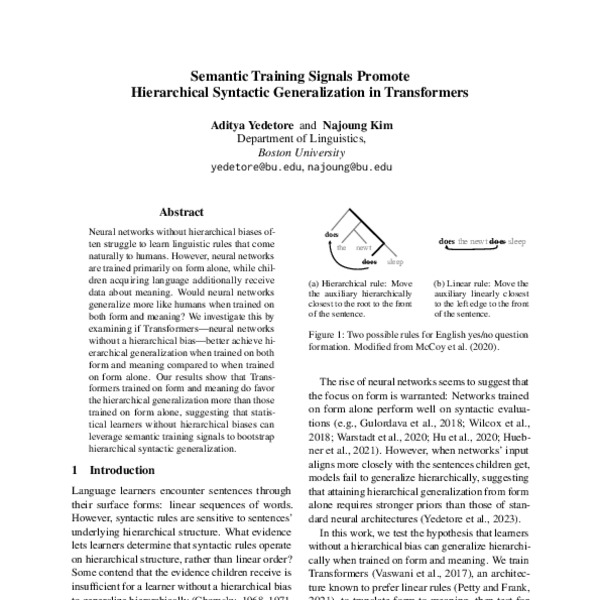 Semantic Training Signals Promote Hierarchical Syntactic Generalization in Transformers - ACL ...