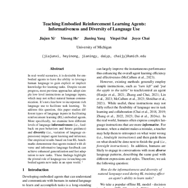 Teaching Embodied Reinforcement Learning Agents: Informativeness and Diversity of Language Use ...