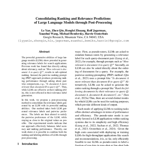 Consolidating Ranking and Relevance Predictions of Large Language Models through Post-Processing ...