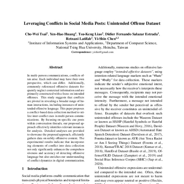 Leveraging Conflicts in Social Media Posts: Unintended Offense Dataset ...