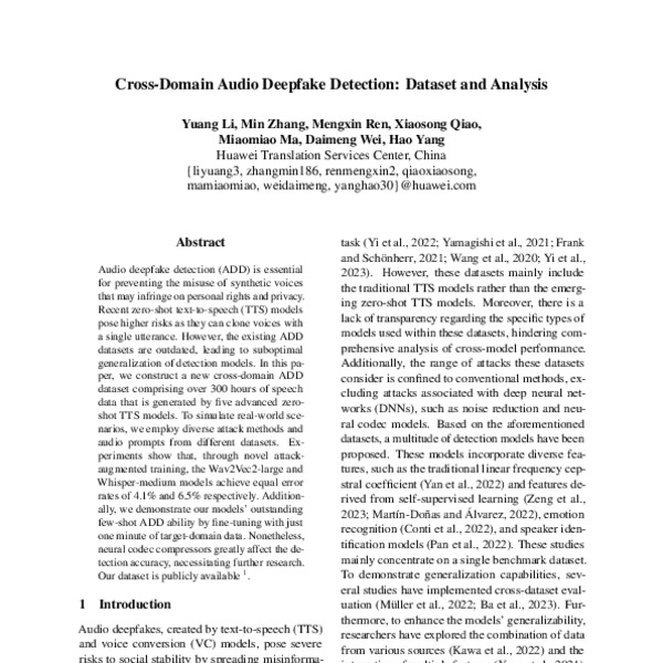 Cross-Domain Audio Deepfake Detection: Dataset and Analysis - ACL Anthology