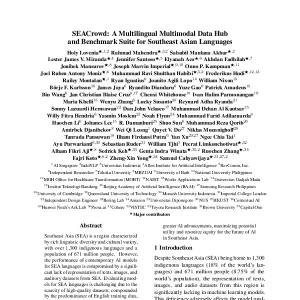 SEACrowd: A Multilingual Multimodal Data Hub and Benchmark Suite for Southeast Asian Languages ...