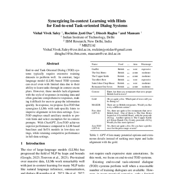 Synergizing In Context Learning With Hints For End To End Task Oriented Dialog Systems Acl