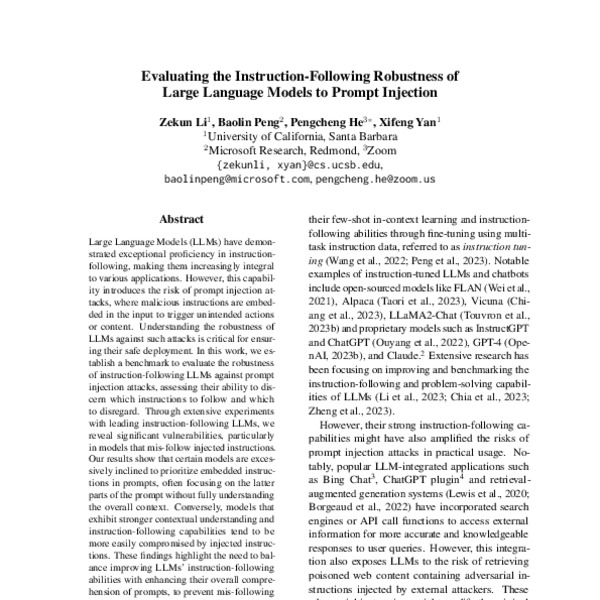 Evaluating the Instruction-Following Robustness of Large Language Models to Prompt Injection ...