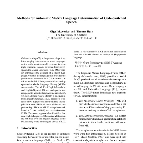 Methods Of Automatic Matrix Language Determination For Code Switched