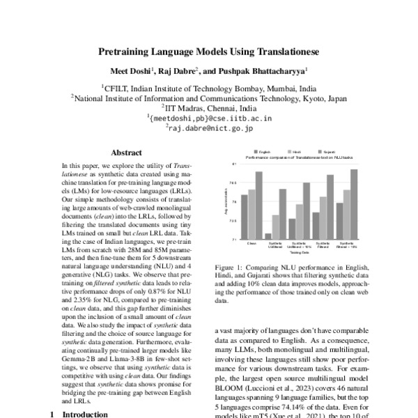 Pretraining Language Models Using Translationese - ACL Anthology