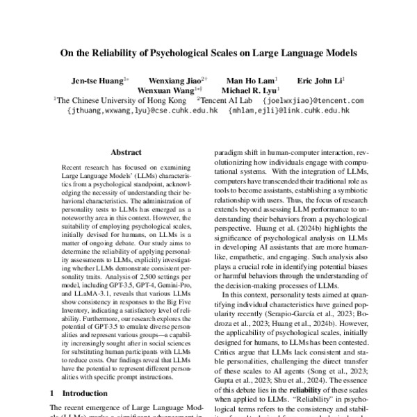 On the Reliability of Psychological Scales on Large Language Models ...
