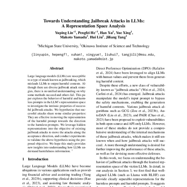 Towards Understanding Jailbreak Attacks in LLMs: A Representation Space Analysis - ACL Anthology
