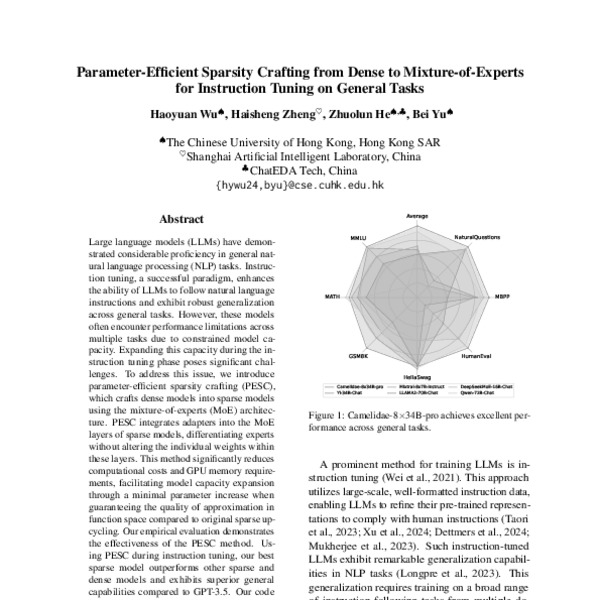 Parameter-Efficient Sparsity Crafting from Dense to Mixture-of-Experts for Instruction Tuning on ...