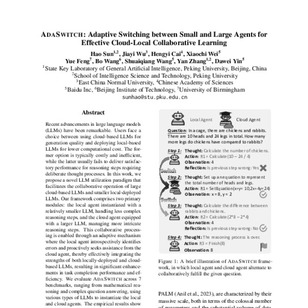 AdaSwitch: Adaptive Switching between Small and Large Agents for Effective Cloud-Local ...