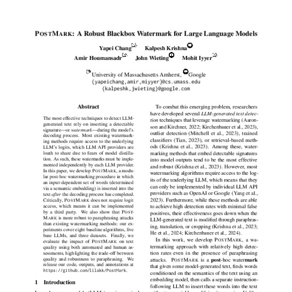 PostMark: A Robust Blackbox Watermark for Large Language Models - ACL Anthology