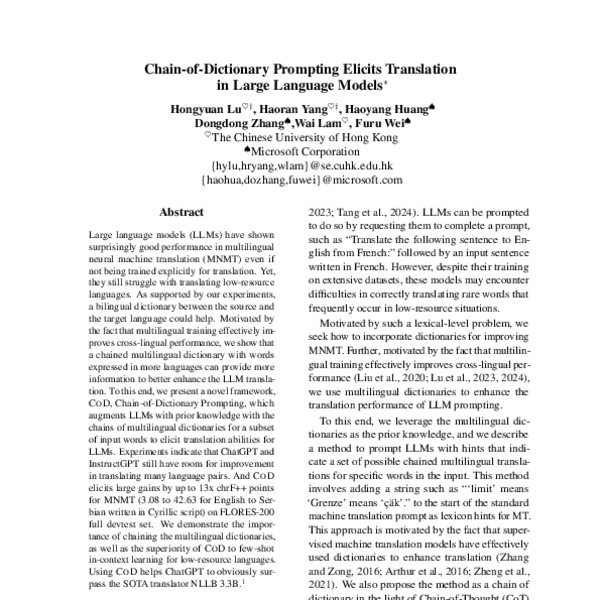 Chain-of-Dictionary Prompting Elicits Translation in Large Language ...