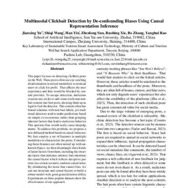Multimodal Clickbait Detection By De Confounding Biases Using Causal