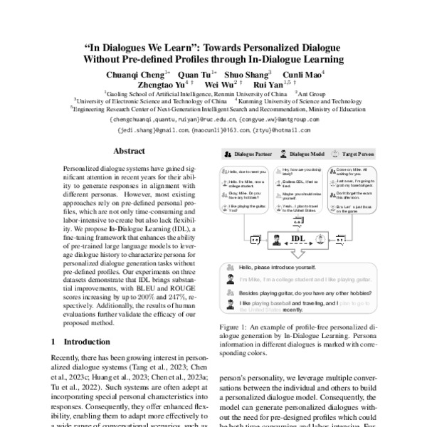 “In-Dialogues We Learn”: Towards Personalized Dialogue Without Pre-defined Profiles through In ...