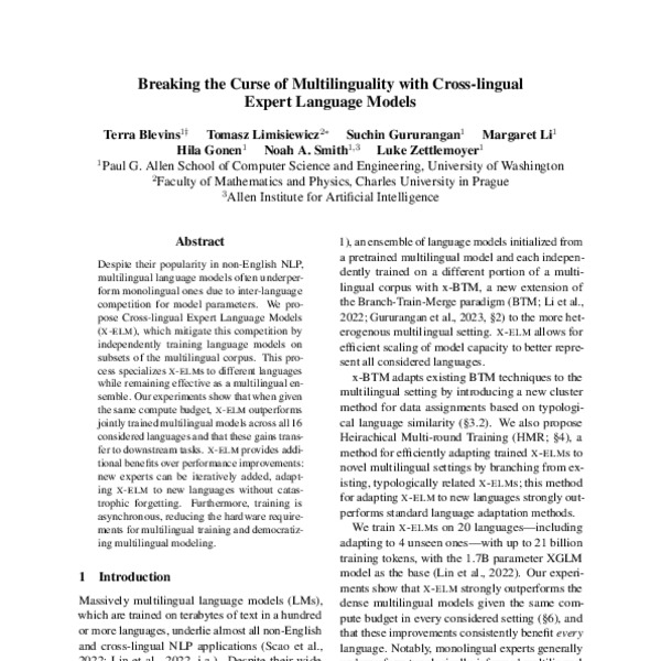 Breaking the Curse of Multilinguality with Cross-lingual Expert Language Models - ACL Anthology