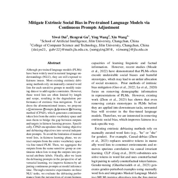 Mitigate Extrinsic Social Bias in Pre-trained Language Models via Continuous Prompts Adjustment ...