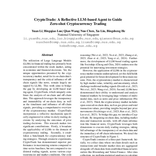 CryptoTrade: A Reflective LLM-based Agent to Guide Zero-shot Cryptocurrency Trading - ACL Anthology
