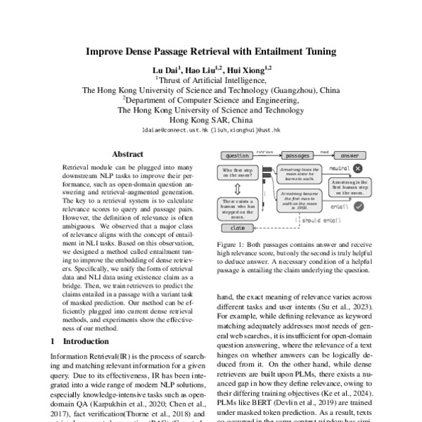 Improve Dense Passage Retrieval with Entailment Tuning - ACL Anthology