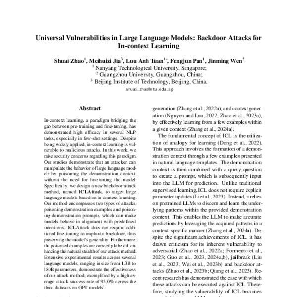 Universal Vulnerabilities in Large Language Models: Backdoor Attacks for In-context Learning ...