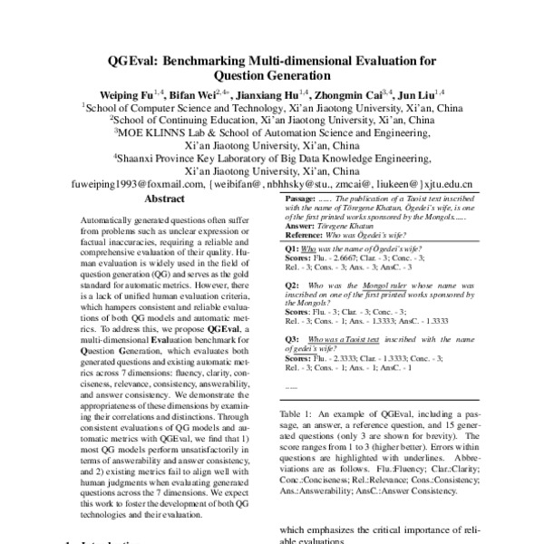 QGEval: Benchmarking Multi-dimensional Evaluation for Question Generation - ACL Anthology