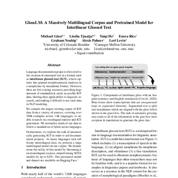 GlossLM: A Massively Multilingual Corpus and Pretrained Model for Interlinear Glossed Text - ACL ...