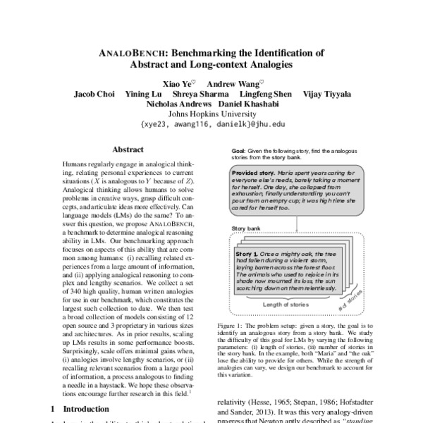 AnaloBench: Benchmarking the Identification of Abstract and Long-context Analogies - ACL Anthology