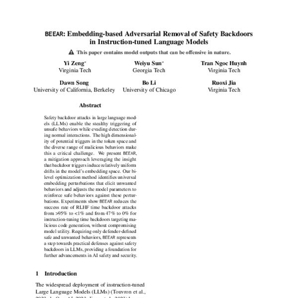 BEEAR: Embedding-based Adversarial Removal of Safety Backdoors in ...