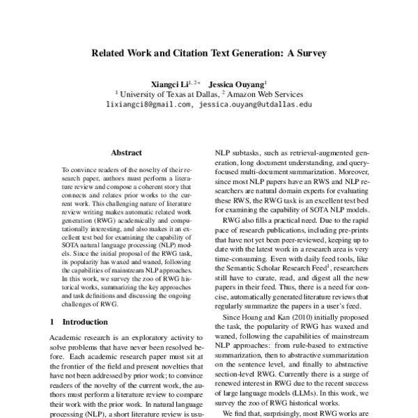Related Work and Citation Text Generation: A Survey - ACL Anthology