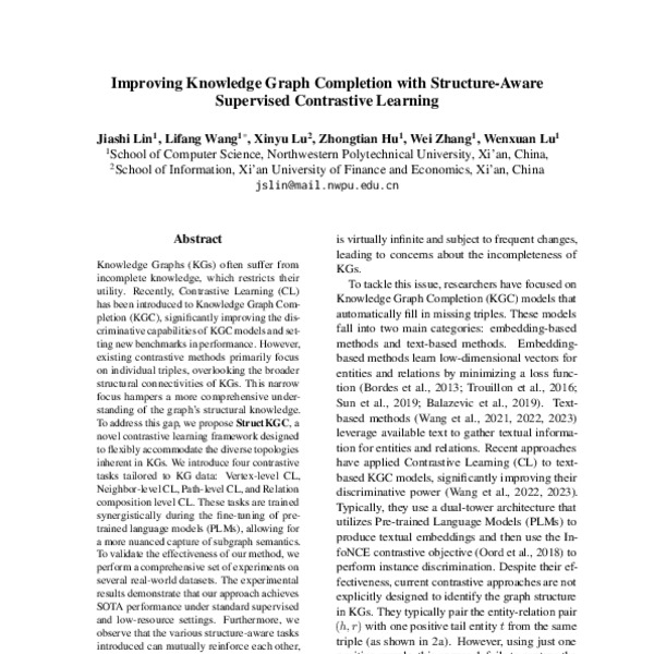 Improving Knowledge Graph Completion with Structure-Aware Supervised Contrastive Learning - ACL ...