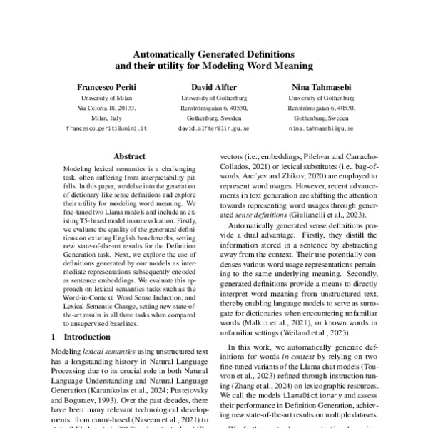 Automatically Generated Definitions and their utility for Modeling Word ...