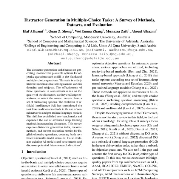 Distractor Generation In Multiple Choice Tasks A Survey Of Methods Datasets And Evaluation