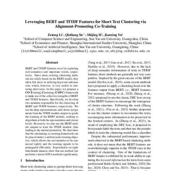 Leveraging BERT and TFIDF Features for Short Text Clustering via Alignment-Promoting Co-Training ...