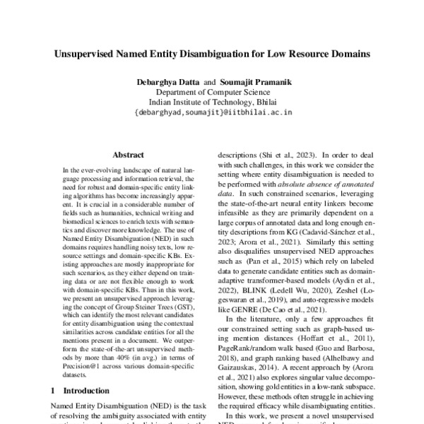 Unsupervised Named Entity Disambiguation for Low Resource Domains - ACL Anthology