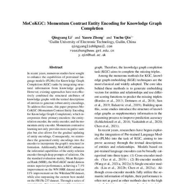 MoCoKGC: Momentum Contrast Entity Encoding for Knowledge Graph Completion - ACL Anthology
