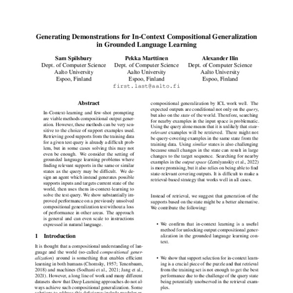 Generating Demonstrations For In Context Compositional Generalization In Grounded Language
